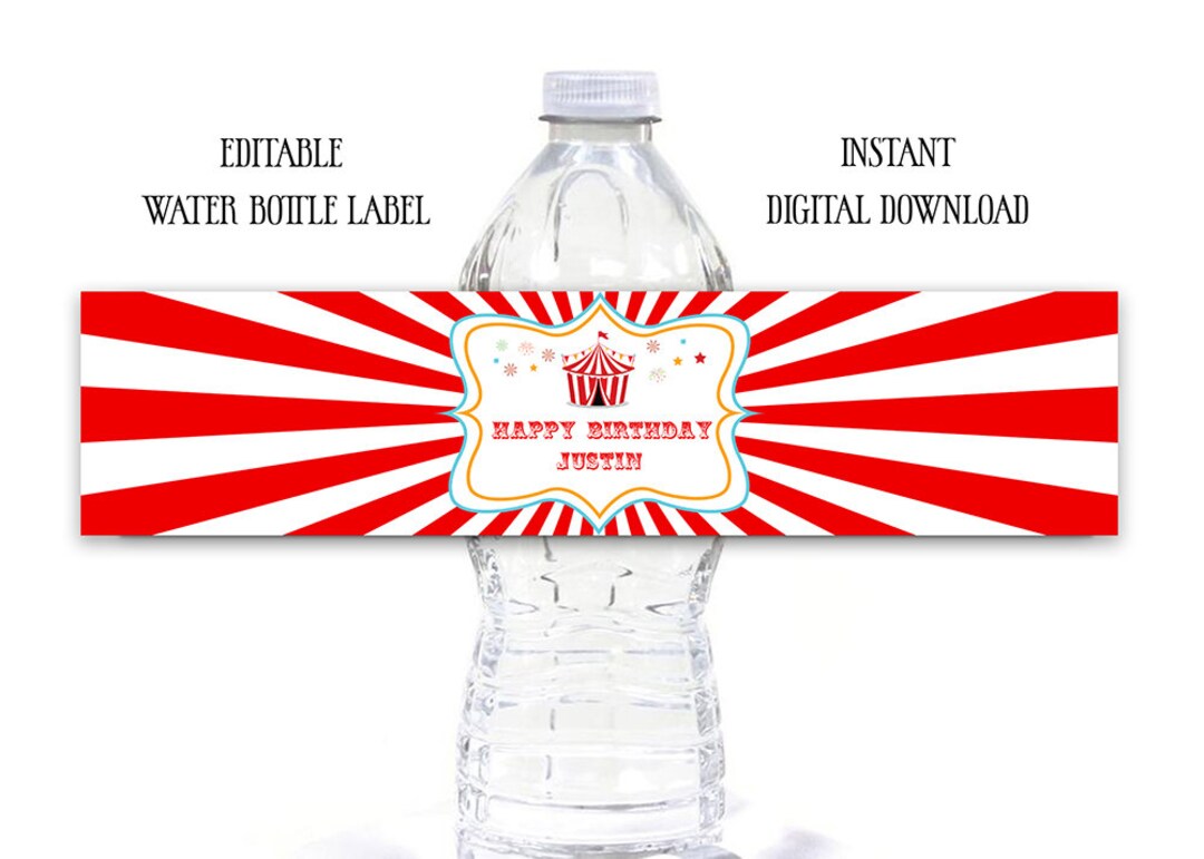 Circus Birthday Party Water Bottle Label, EDITABLE Carnival Water Bottle Labels, Digital, Circus ...