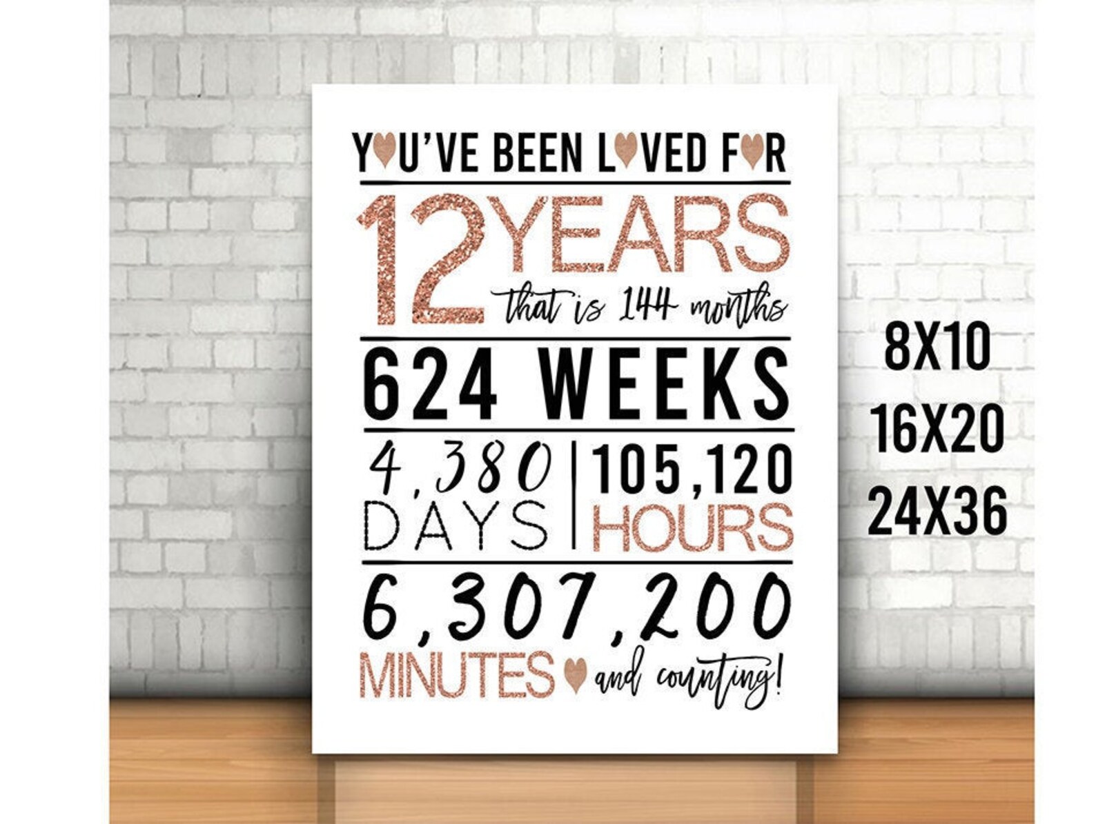 Rose Gold 12th Birthday Sign, You Have Been Loved for 12 Years Sign ...