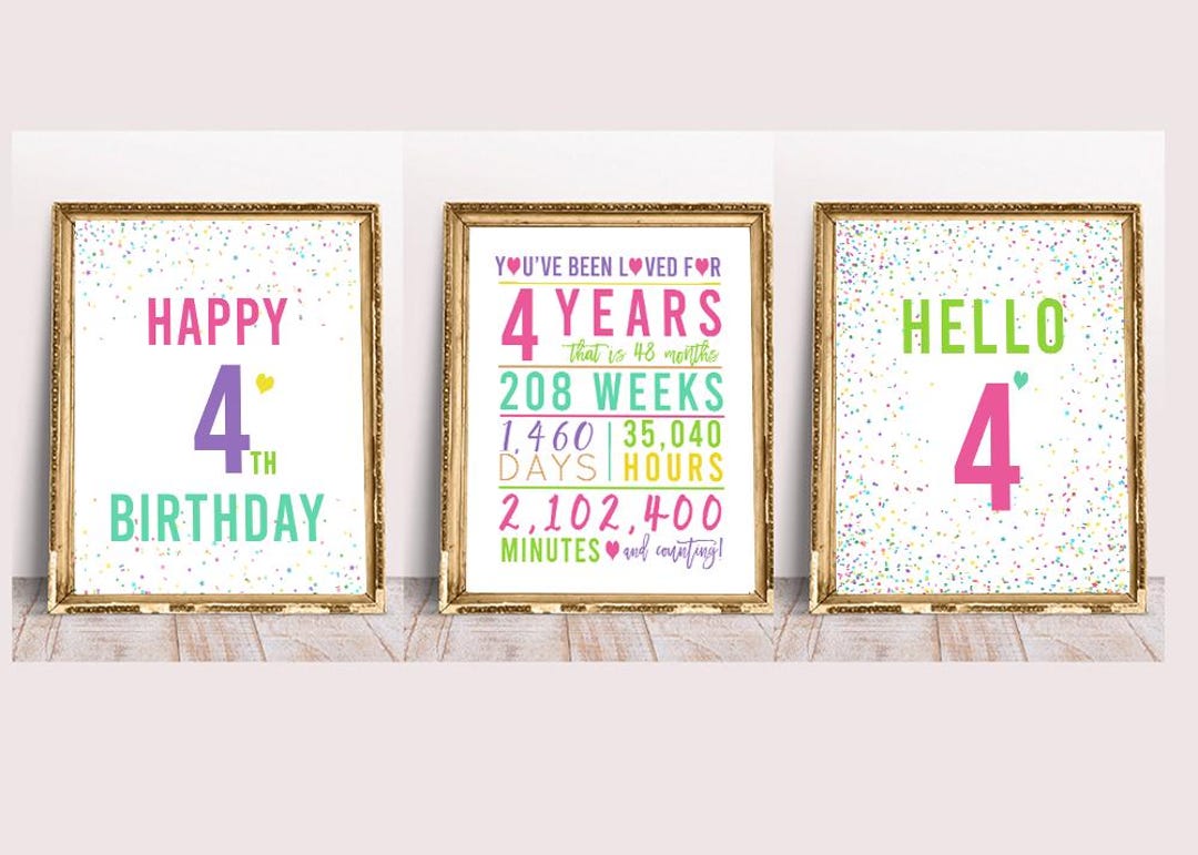 4th Birthday Signs Bundle, Cheers to 4 Years, Happy 4th Birthday, Hello ...
