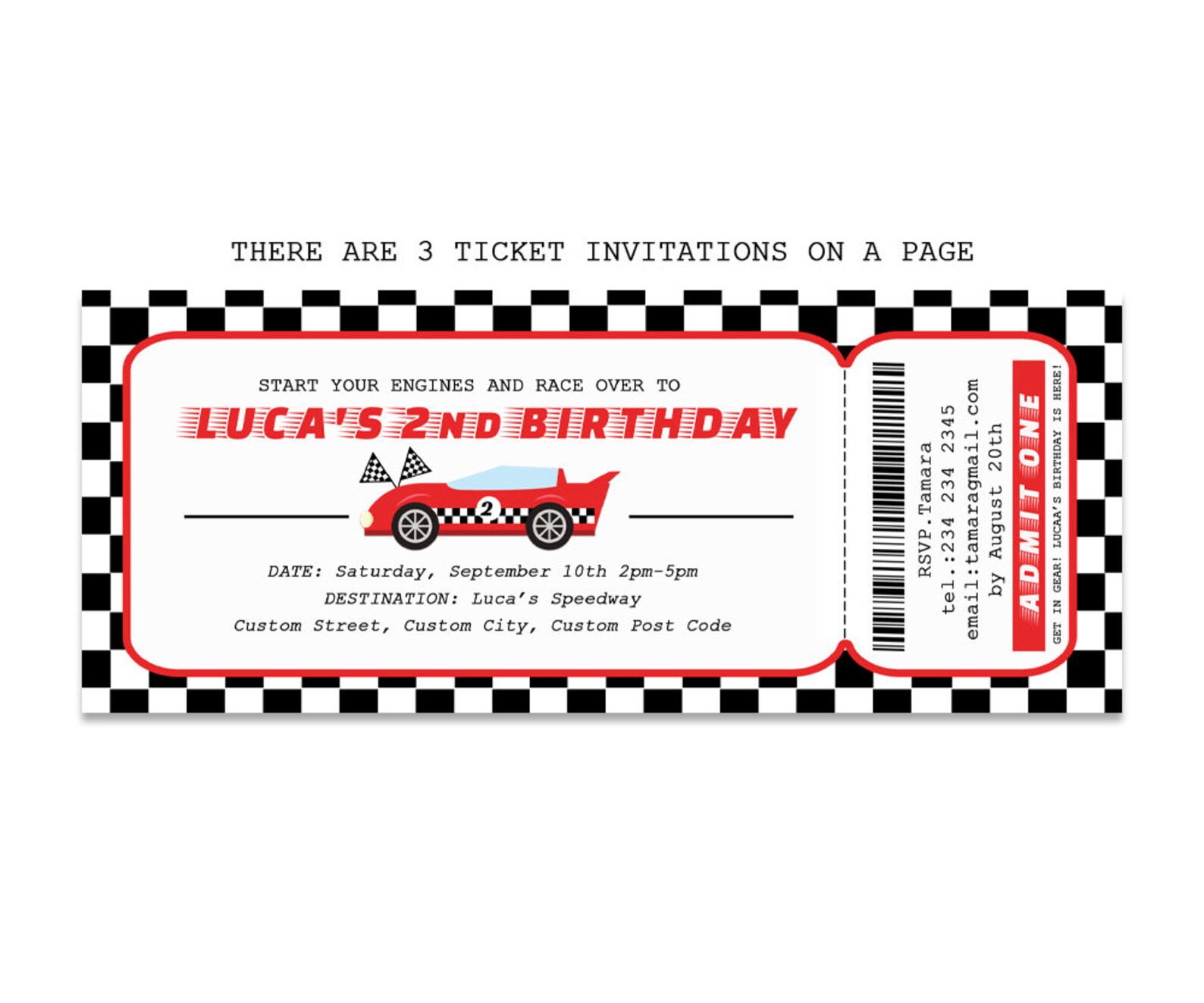 Editable Racing Car Birthday Invitation, Red Race Car Ticket Invitation ...