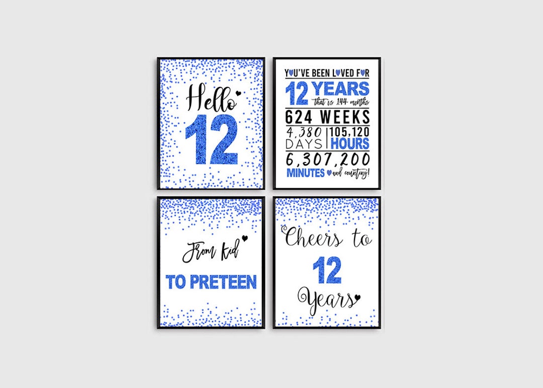 Blue 12th Birthday Signs Bundle, Cheers to 12 Years, Hello 12, From Kid ...