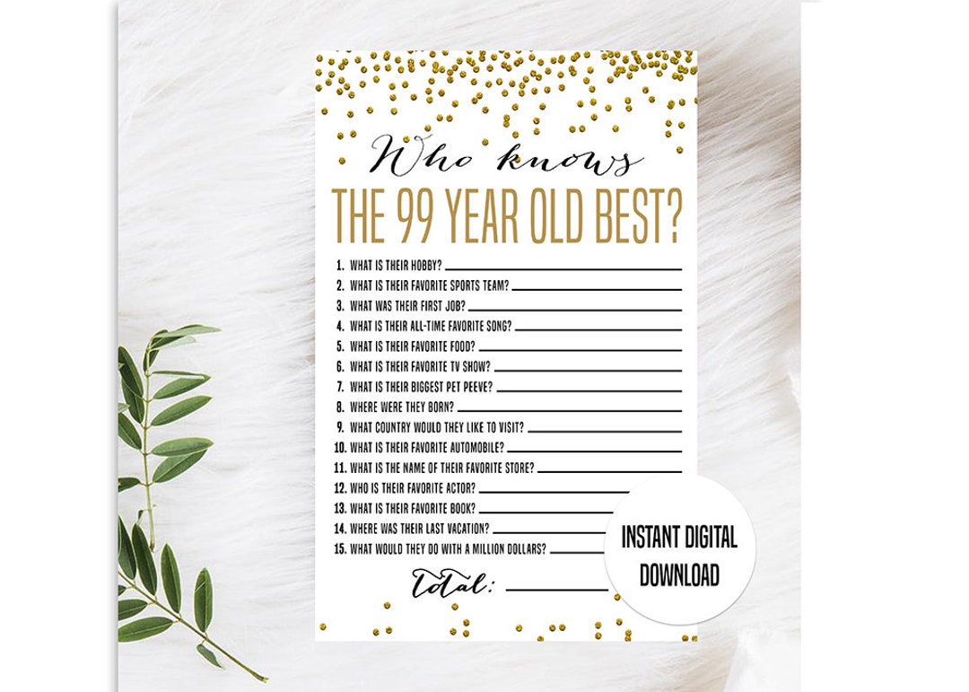 Gold 99th Birthday Game, Printable, 99th Birthday Party Activity, 99th ...