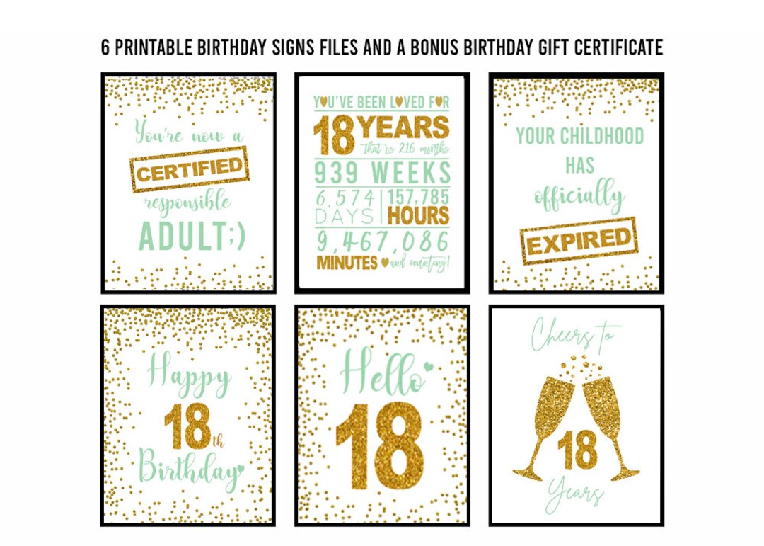 Gold and Mint Green 18th Birthday Signs Bundle, Cheers to 18 Years ...