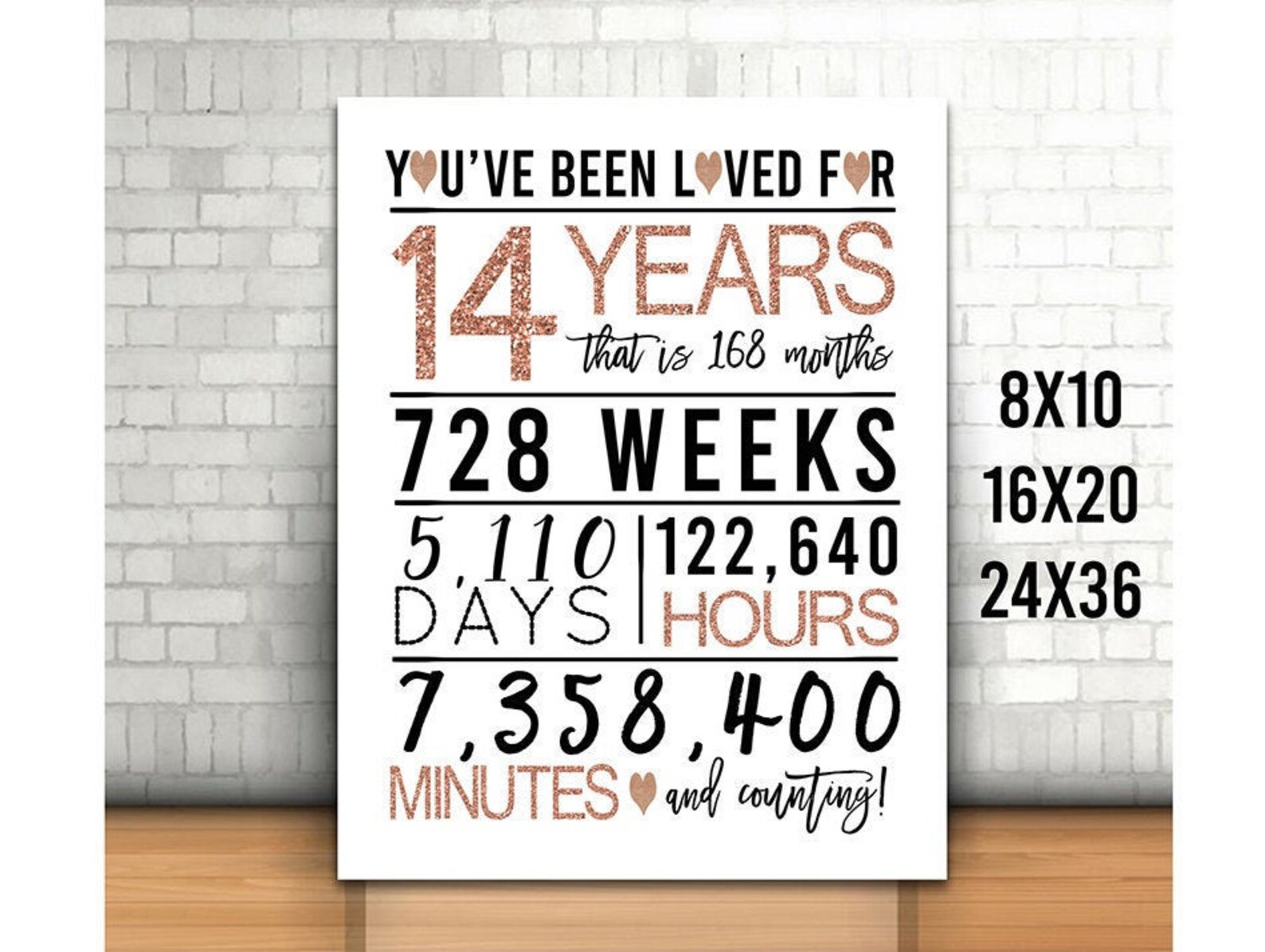 Rose Gold 14th Birthday Sign, You Have Been Loved for 14 Years Sign ...