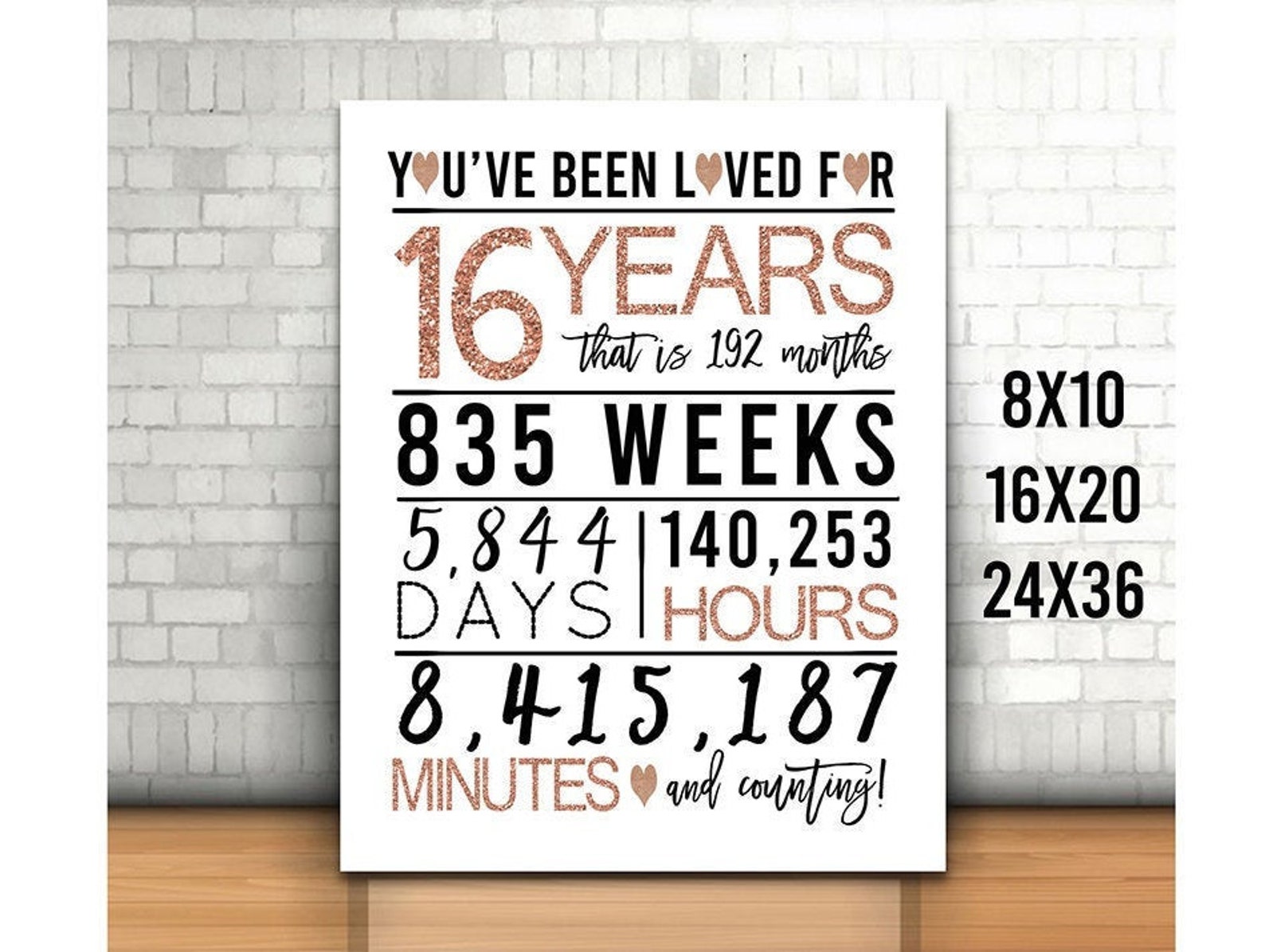 Rose Gold 16th Birthday Sign You Have Been Loved for 16 Years - Etsy