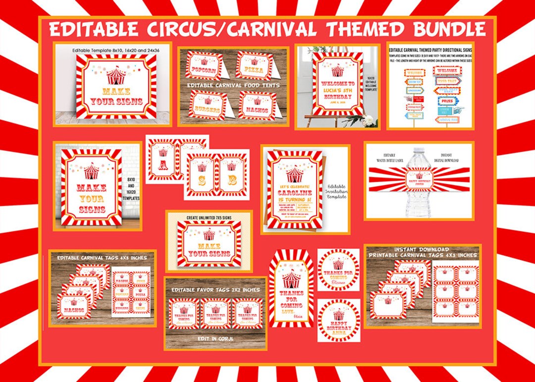 Carnival Theme Party Bundle, Invitations & Decor, Printable Package Set ...