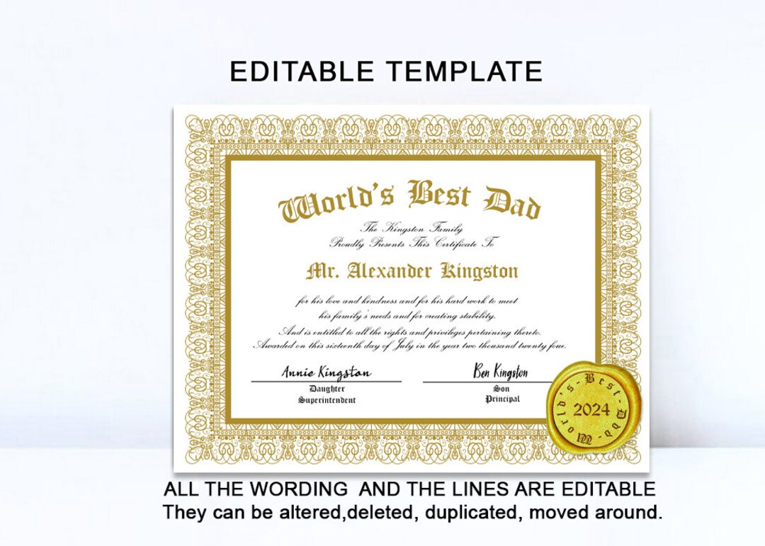 Father's Day Gift, Printable World's Best Dad Certificate, Custom ...