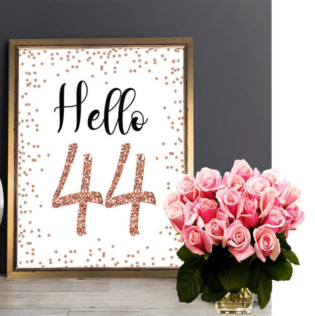 Rose Gold Hello 44 Sign, Cheers to 44 Years, 44th Birthday Sign, 44 and ...