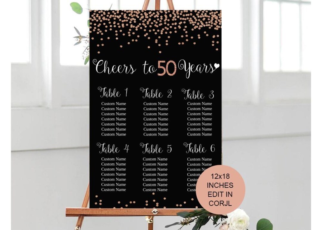 EDITABLE 50th Birthday Seating Chart, Printable Rose Seating, Rose Gold ...
