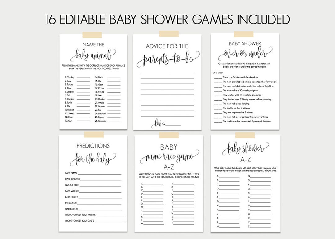 Minimalist Baby Game Bundle, 16 Games, Editable Modern Baby Shower ...