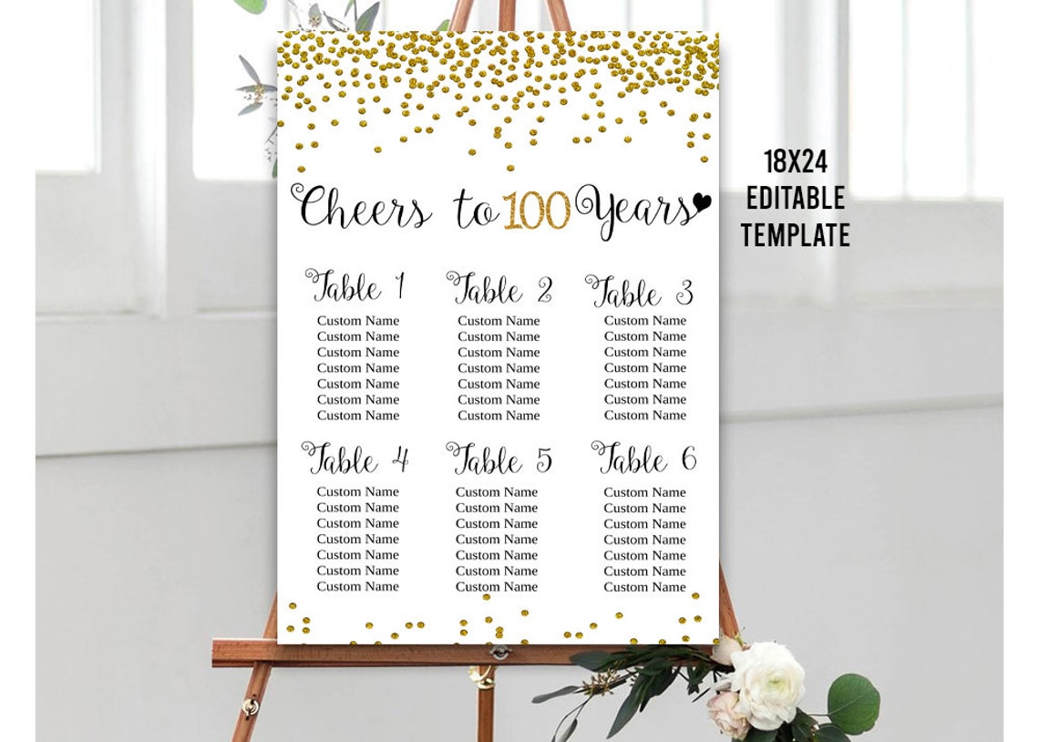 EDITABLE 100th Birthday Seating Chart, Printable Gold Seating Chart ...