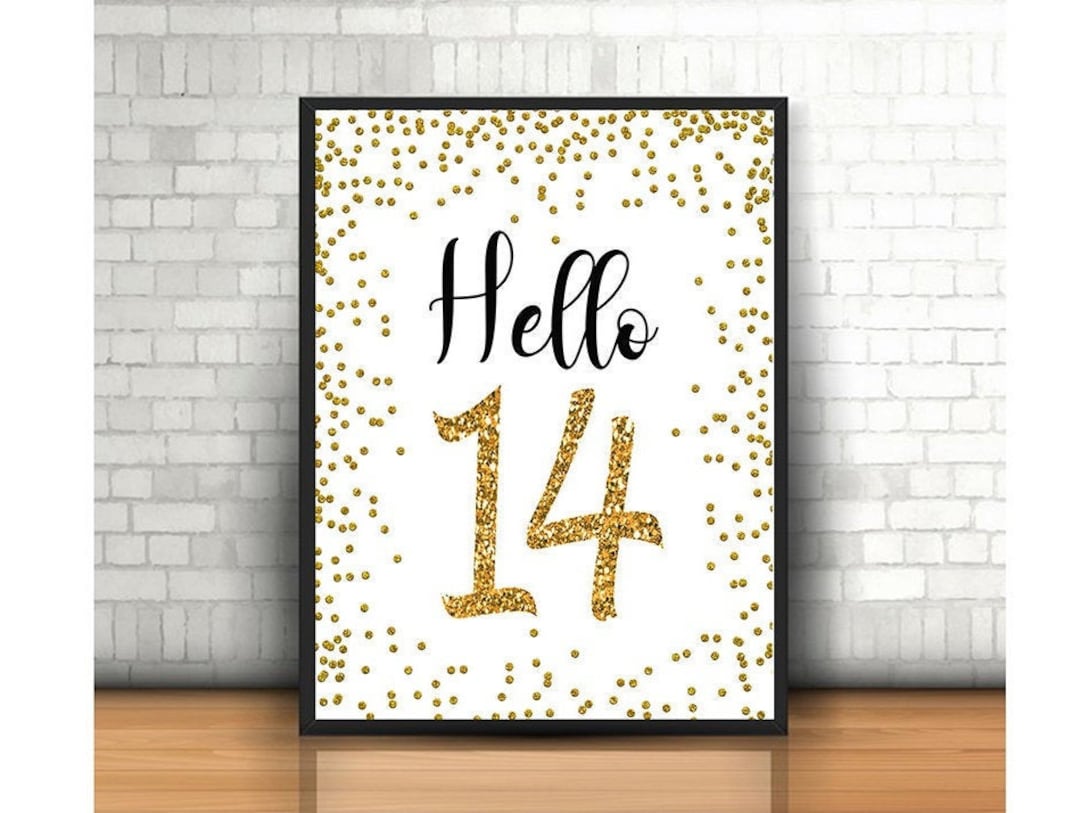 Gold Hello 14, Cheers to 14 Years, 14th Birthday Sign, 14th Anniversary ...