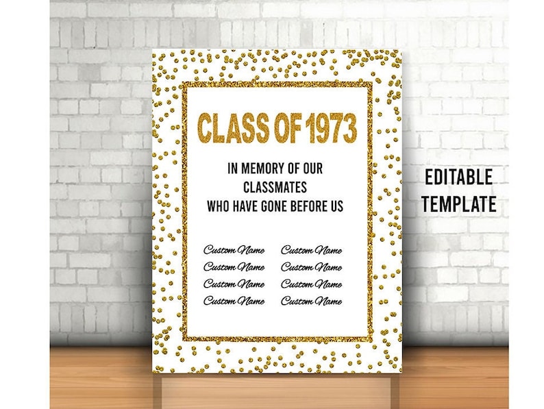 Editable in Memory Sign for Class Reunion, Gold Memorial Sign Template ...