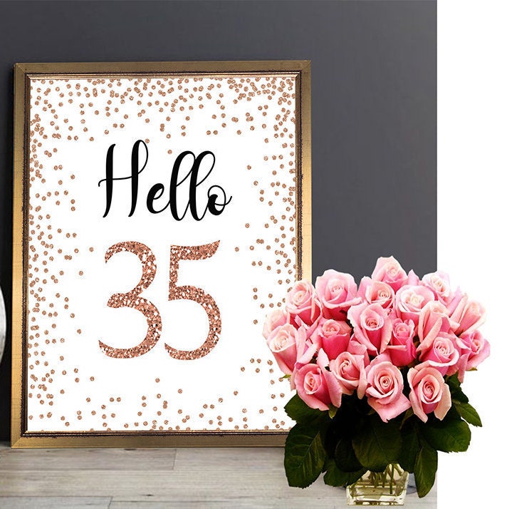 Rose Gold Hello 35 Sign Printable Cheers to 35 Years 35th - Etsy