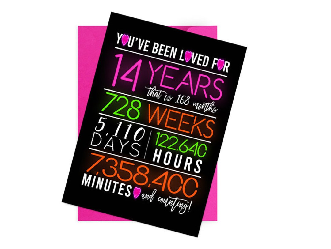 Glow 14th Birthday Card, Printable Birthday Card, Neon 14th Birthday ...