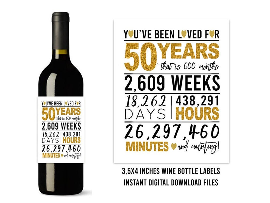 Gold 50th Birthday Wine Bottle Labels, PRINTABLE Wine Bottle Labels ...