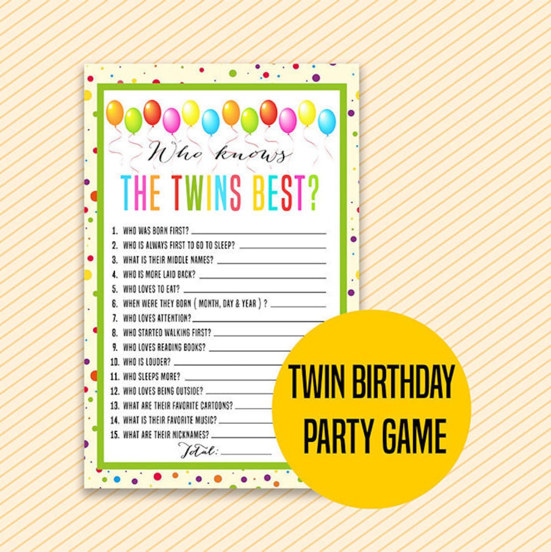 Colorful Twin Birthday Party Game, Who Knows the Twins Best Game, Twin ...