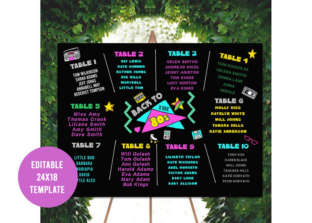 EDITABLE Retro Party Seating Chart, Printable 80s Party Sign, 80s ...