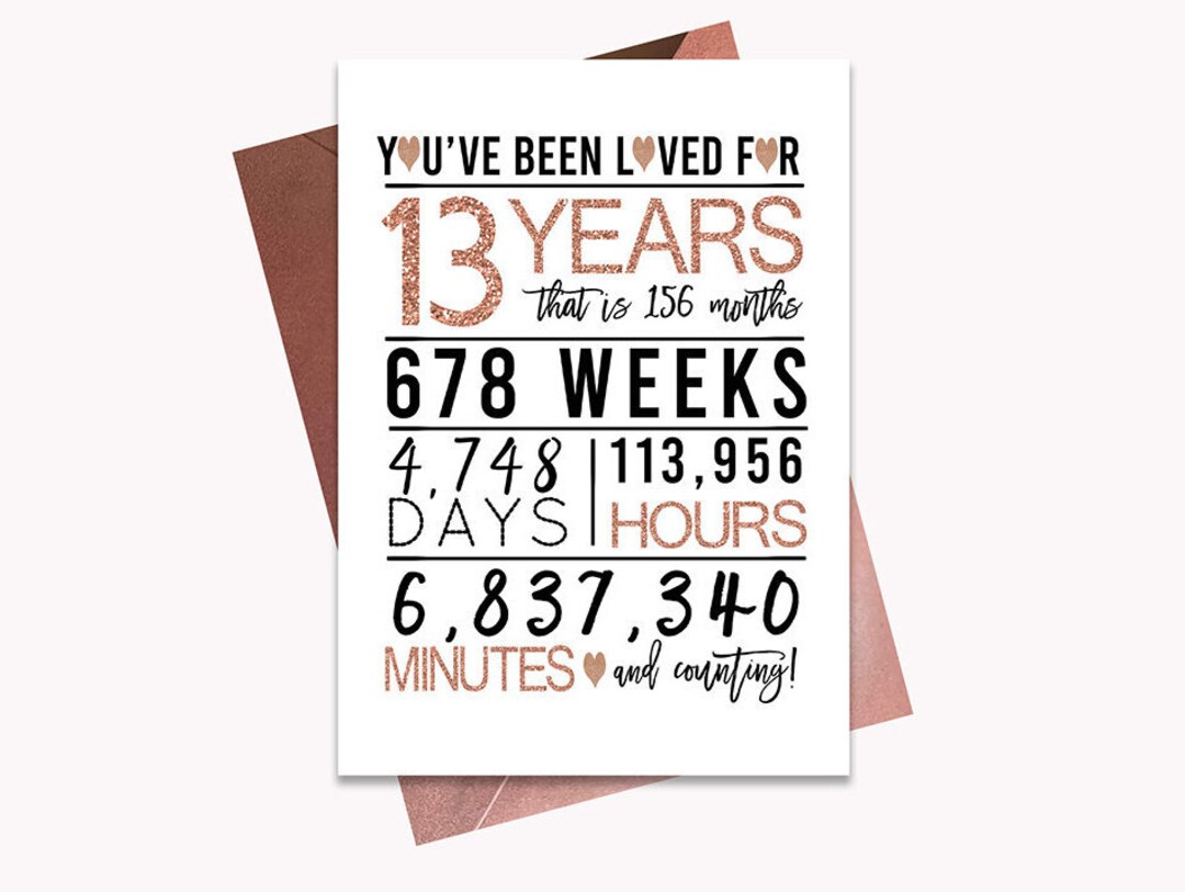 Rose Gold 13th Birthday Card, Printable Birthday Card, 13th Birthday ...