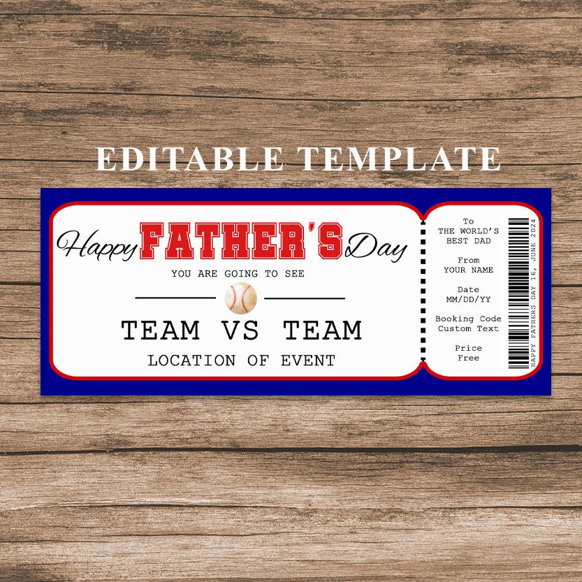 Fathers Day Baseball Ticket Template, Fathers Day Gift, Printable ...