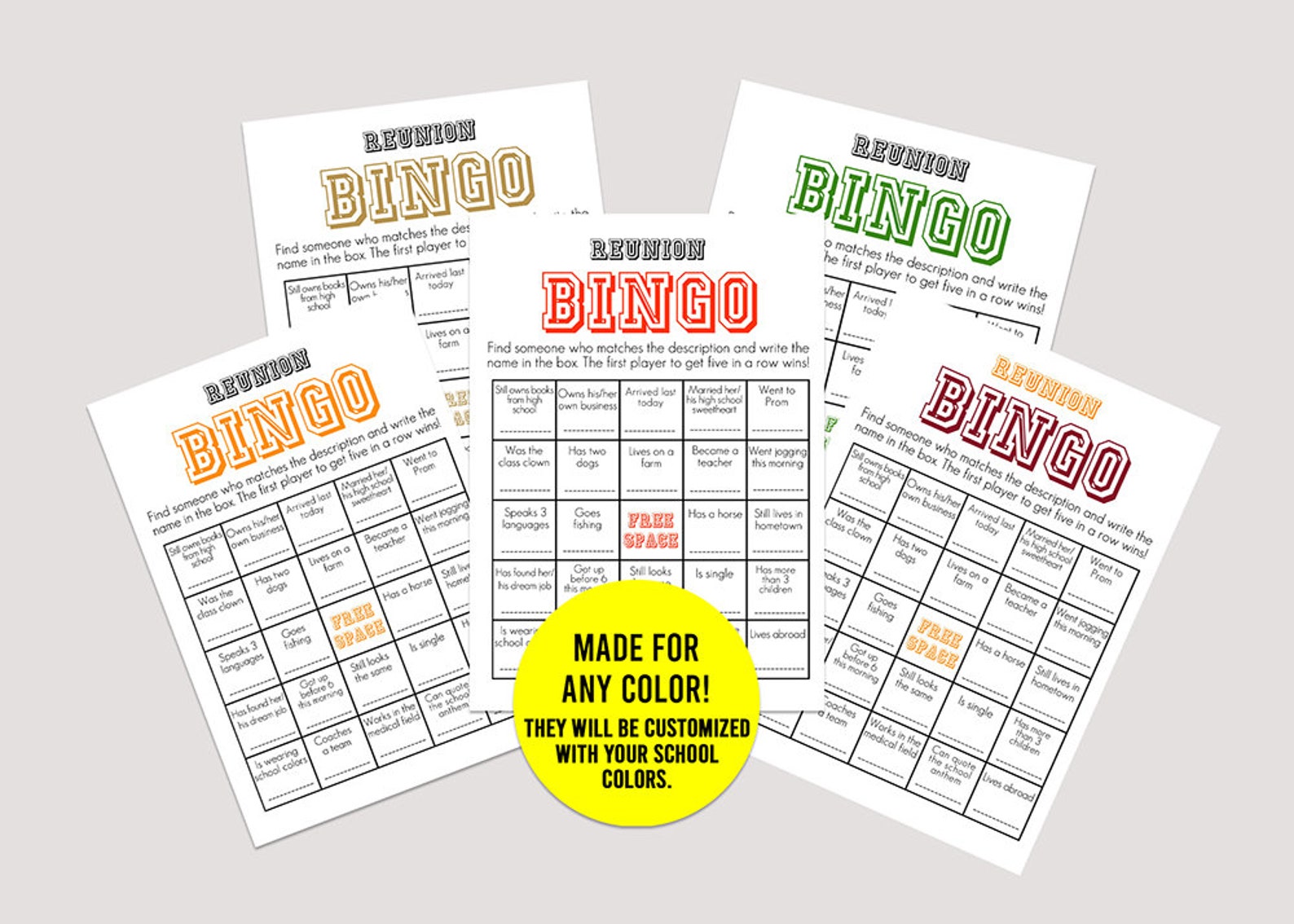 High School Reunion Bingo Game, 5x7, 8x10, Printable, Choose Your ...
