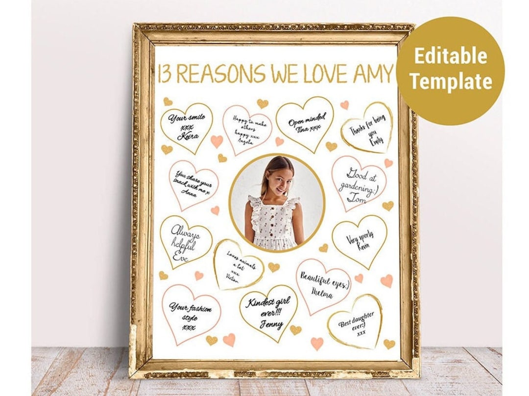 Editable 13 Reasons Template, Birthday Gift for Her, Gold and Pink 13th ...