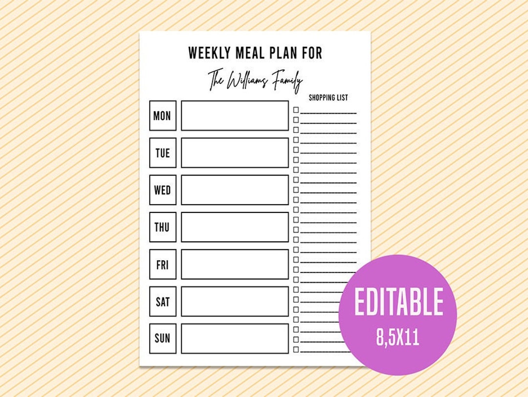 Editable Weekly Meal Plan, Custom Weekly Meal Planner, Printable Meal ...