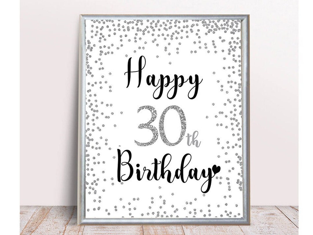 Silver Happy 30th Birthday Sign, Printable, Hello 30 Sign, Cheers to 30 ...