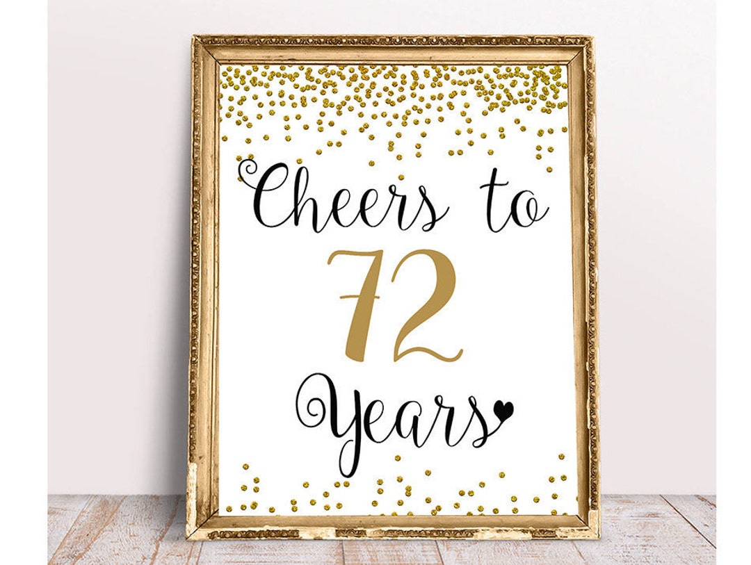 Cheers to 72 Years, 72nd Birthday Sign, 72nd Anniversary Sign, Gold ...