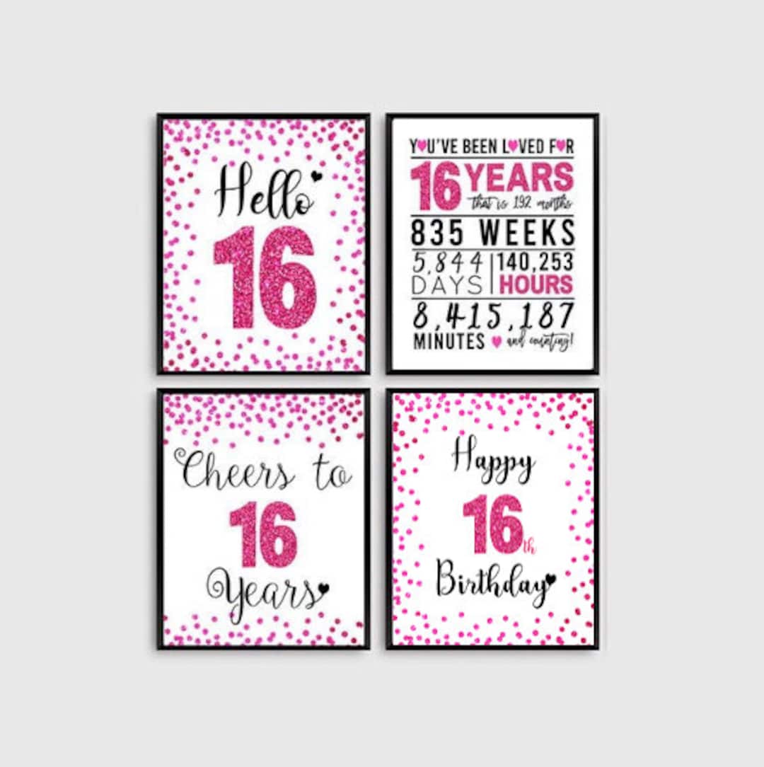 Hot Pink 16th Birthday Signs Bundle, Cheers to 16 Years, Hello 16, 16th ...