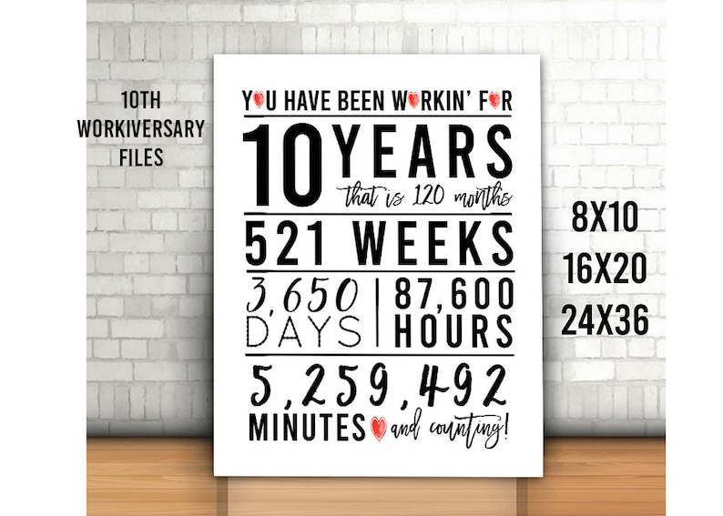 10th Work Anniversary Sign, PRINTABLE Anniversary Gift, 10th ...