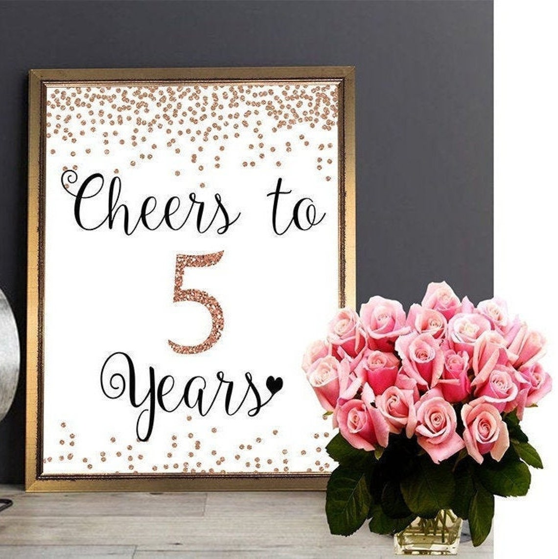 5th Birthday Sign, Cheers to 5 Years, Rose Gold 5th Birthday, Printable ...