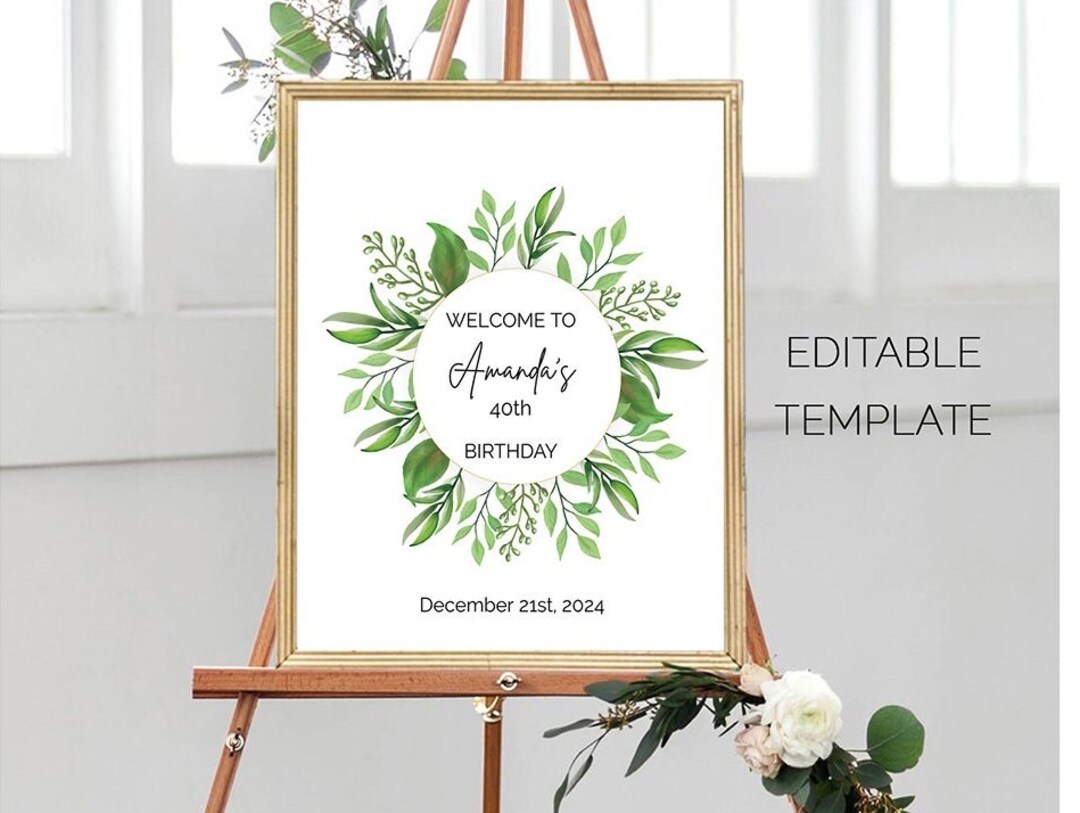 Editable Greenery Birthday Welcome Sign, Printable, Editable Birthday ...