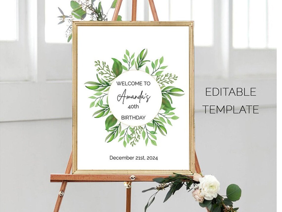 Editable Greenery Birthday Welcome Sign, Printable, Editable Birthday ...