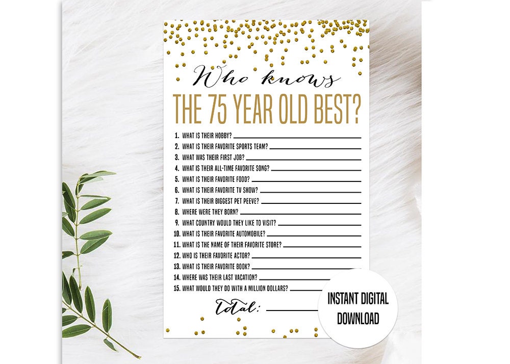 Gold 75th Birthday Game, Printable, 75th Birthday Party Activity, 75th ...