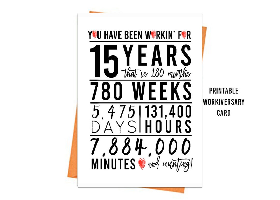 15th Work Anniversary Card, PRINTABLE Anniversary Card, 15th ...