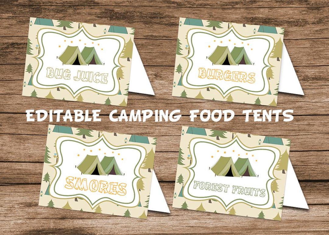 Camping Birthday Food Tents, Happy Camper Food Labels, Camper Place ...