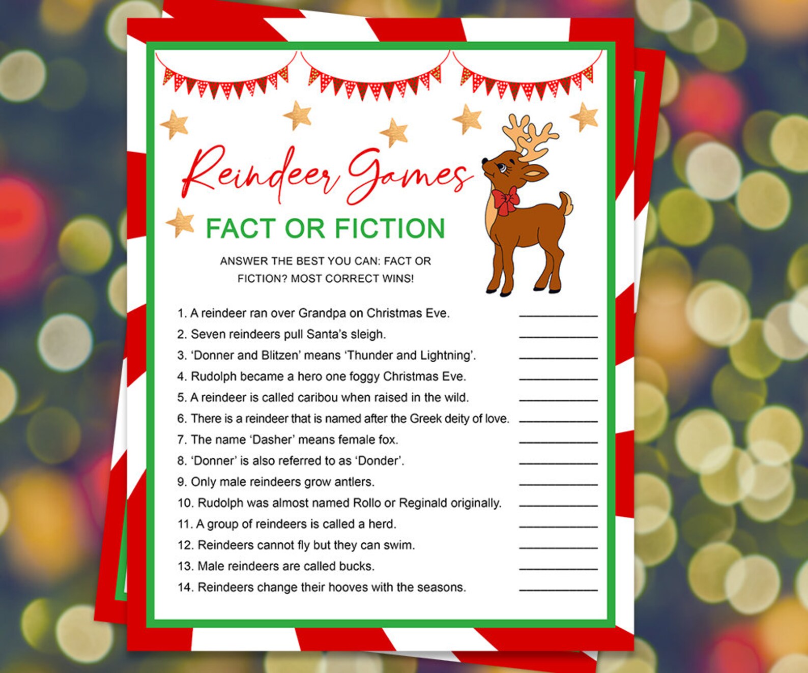 Reindeer Games Trivia Game, Printable, Fact or Fiction, Christmas True ...