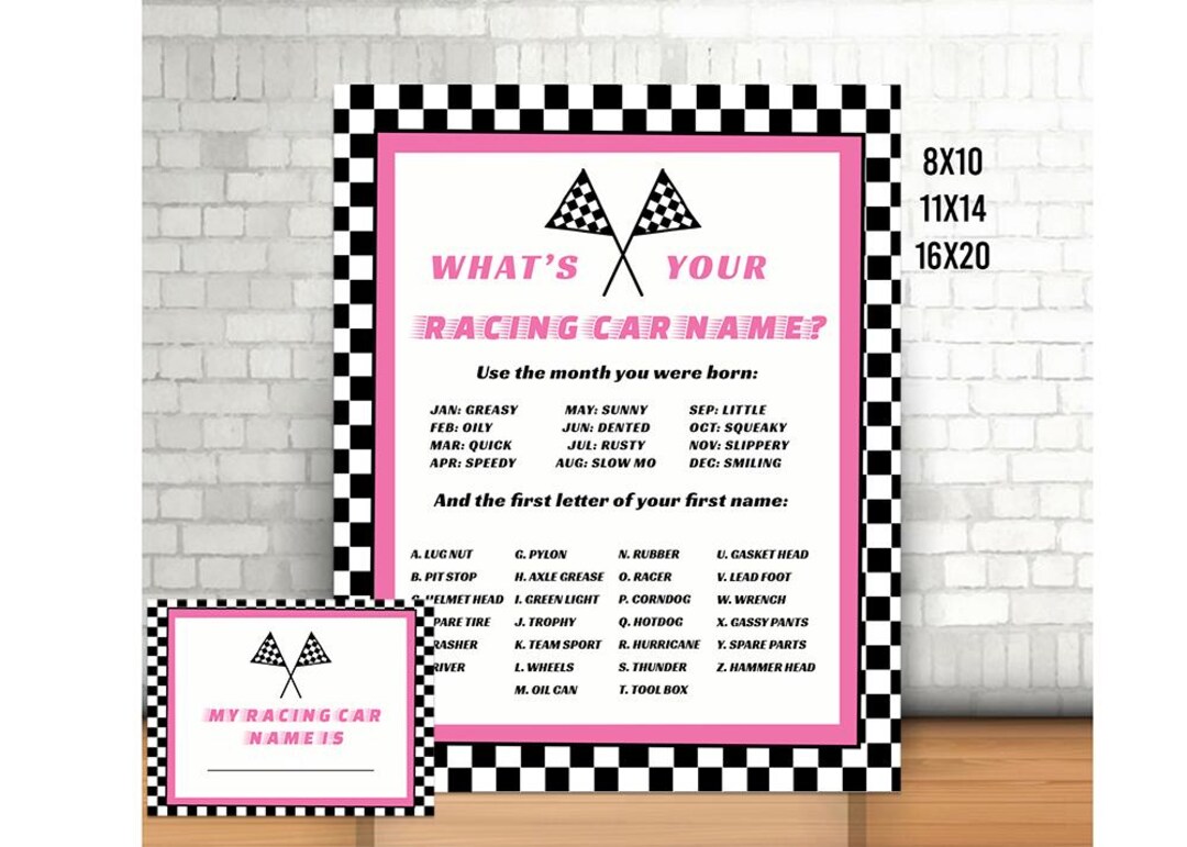 Pink Race Car Name Name Sign and Card, Printable, Car Names Poster ...