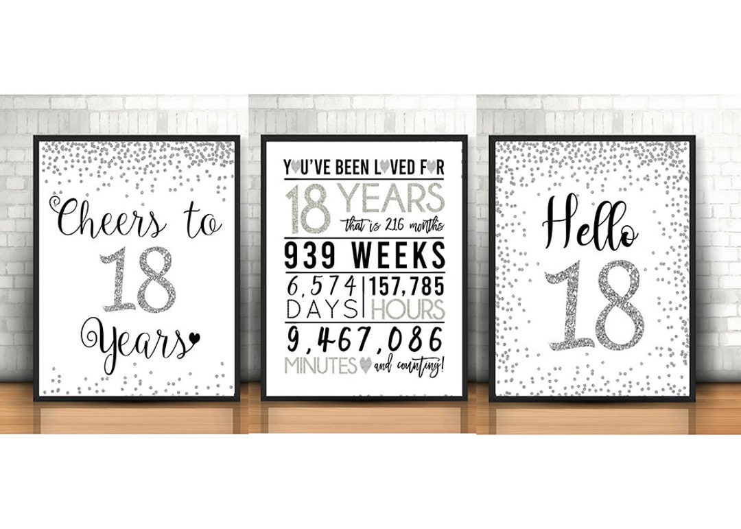 Silver 18th Birthday Signs Bundle, Cheers to 18 Years, Hello 18, Happy ...