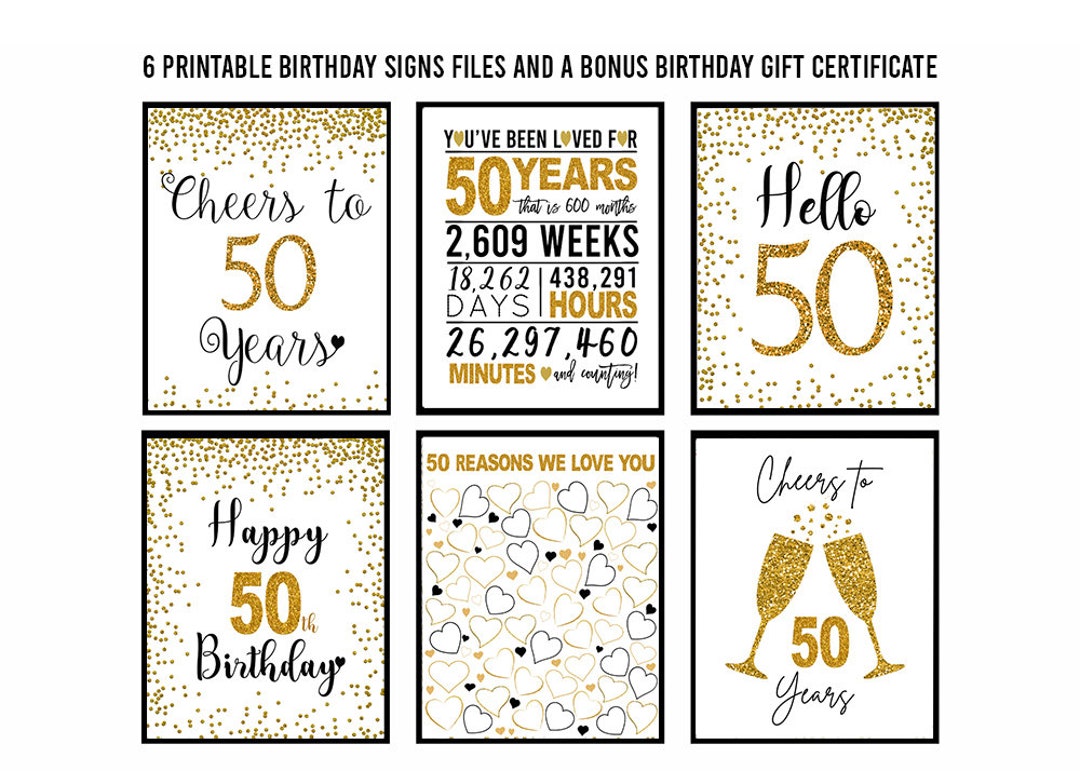 Gold 50th Birthday Signs Bundle, Cheers to 50 Years, Hello 50, Happy ...