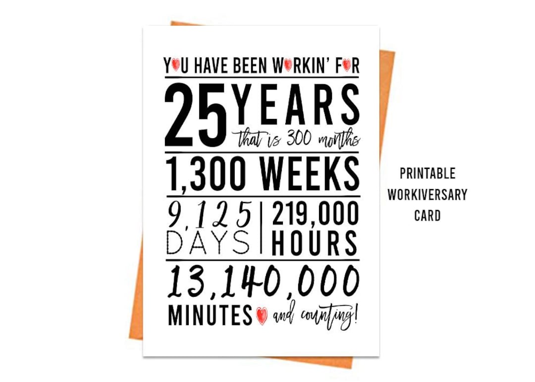 25th Work Anniversary Card, PRINTABLE Anniversary Card, 25th ...