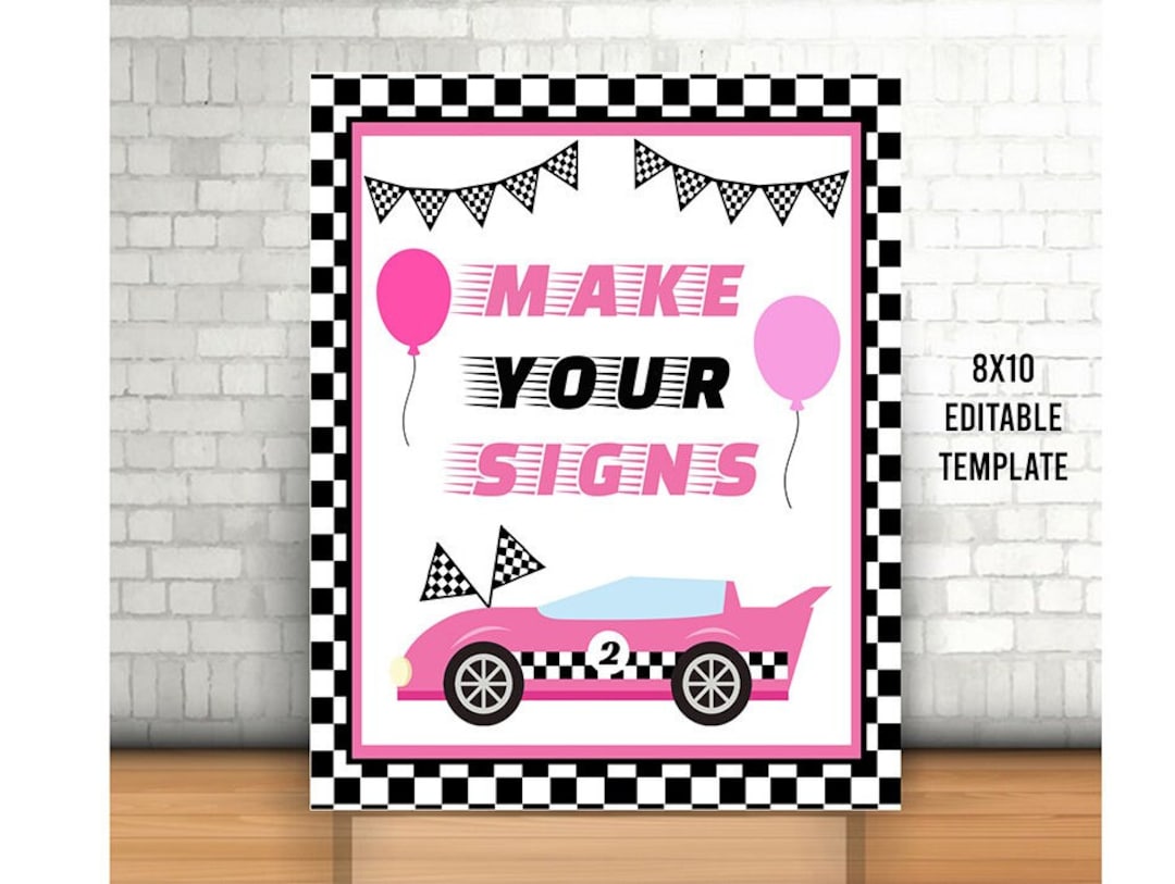 Pink Race Car Custom Sign Template, Race Car Birthday Party Sign ...