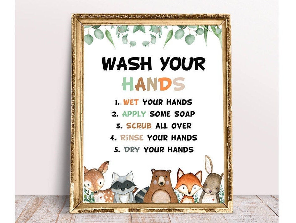 Woodland Wash Your Hands Sign - Kids Bathroom Art - Wash Hands Sign ...