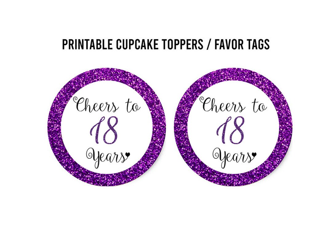 Purple 18th Birthday Decoration, Cheers to 18 Years Cupcake Toppers ...