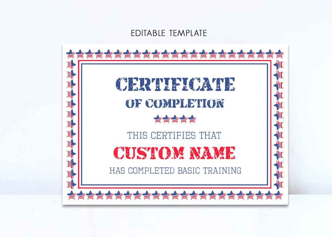 Boot Camp Certificate of Completion Template, Printable Army Basic ...