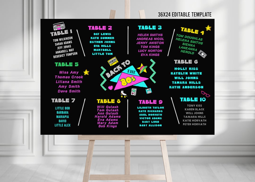 EDITABLE Retro Party Seating Chart, Printable 80s Party Sign, 80s ...
