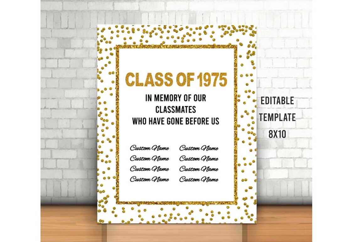 Editable in Memory Sign for Class Reunion, Gold Memorial Sign Template ...