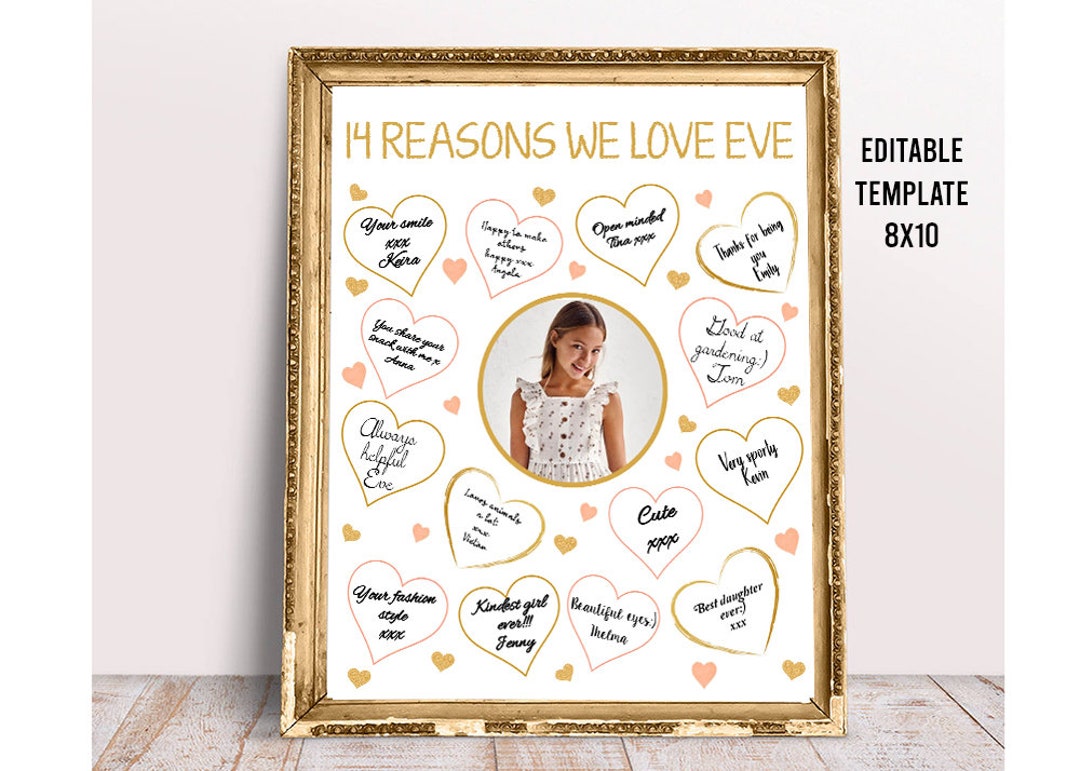Editable 14 Reasons Template, Birthday Gift for Her, Gold and Pink 14th ...
