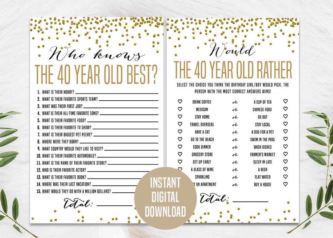Gold 40th Birthday Game Bundle, Printable, 40th Birthday Party Activity ...